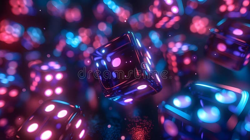 Neon Dice Floating in the Air Glowing with Energy in 3D Render. Concept ...