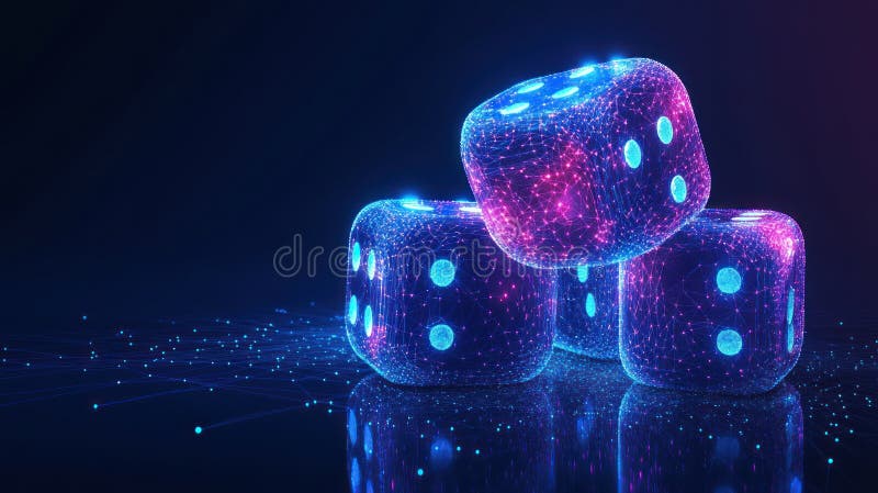 Neon Dice Stacked on Reflective Surface with Abstract Background Stock ...