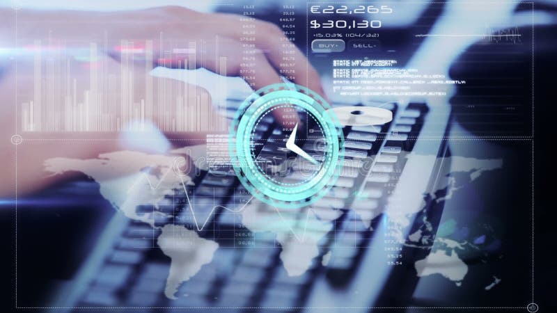 Neon Digital Clock Ticking and Data Processing Against Mid Section of ...