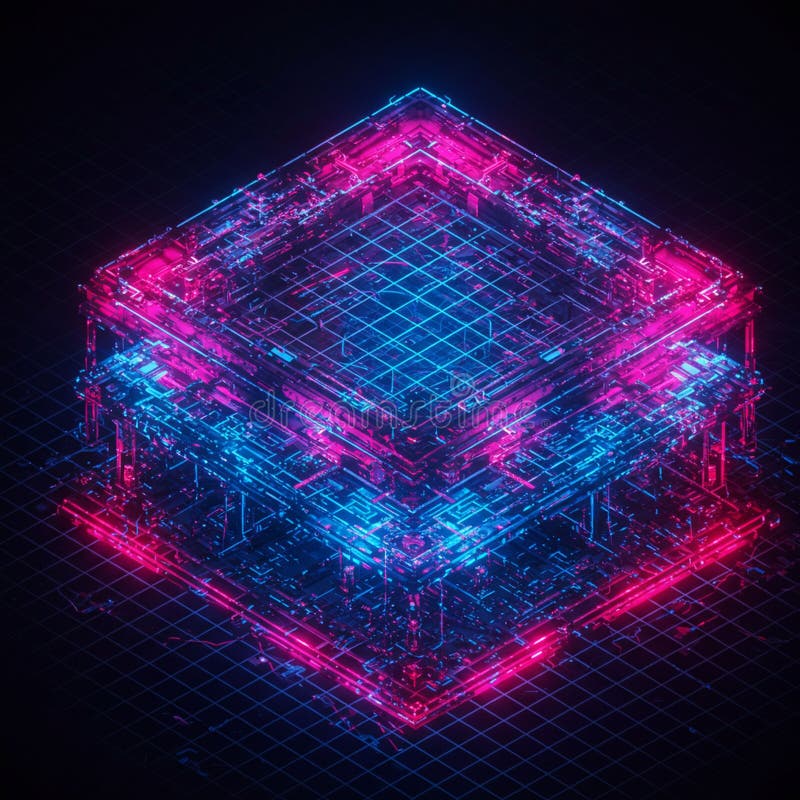 Neon Digital Cube with Grid Overlays, Radiating Bright Pink and Blue ...