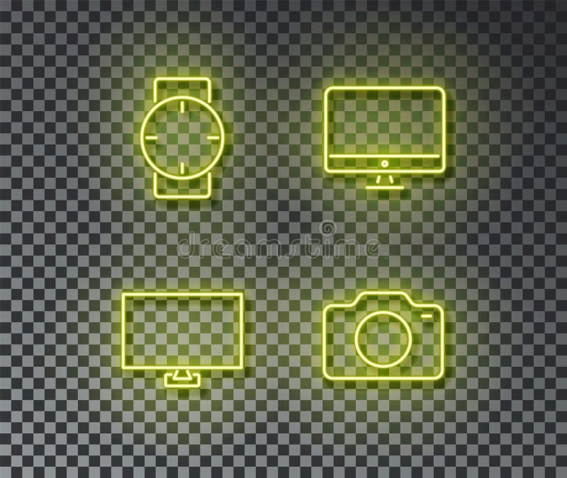 Neon Digital Device Signs Vector Isolated on Brick Wall. Watch, Display ...