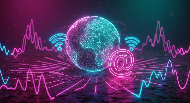 Neon Digital Earth with Connectivity and Data Visualization Concepts ...