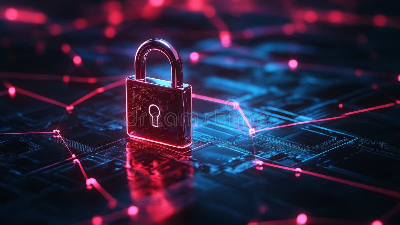 Neon Digital Lock on a Circuit Board with Red Network Connections ...