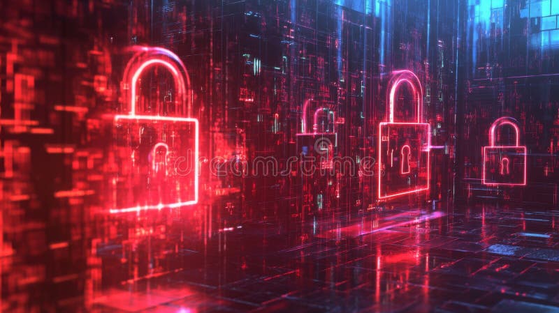 Neon Digital Locks Symbolize Online Security and Data Protection in a ...