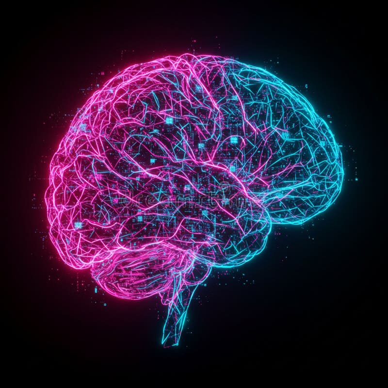 Neon Digital Representation of a Brain on a Black Background, Using ...
