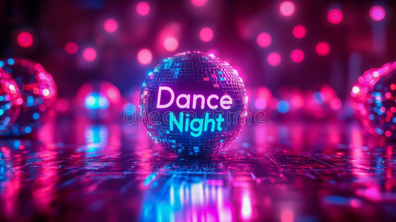 Neon Disco Ball with Dance Night Text in Vibrant Party Scene Stock ...