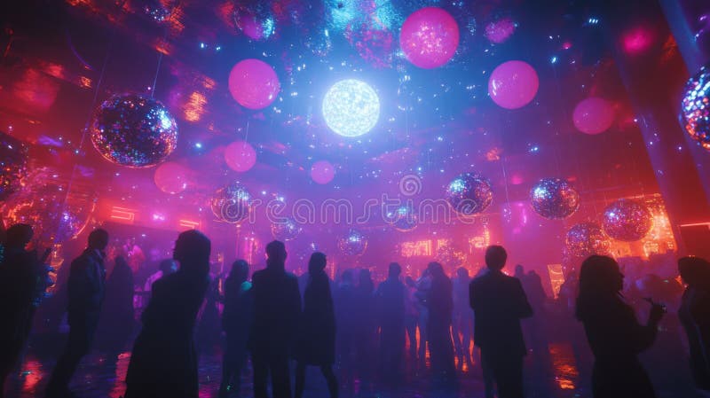 Neon Disco Party Crowd Underneath Mirrored Balls Stock Photo - Image of ...