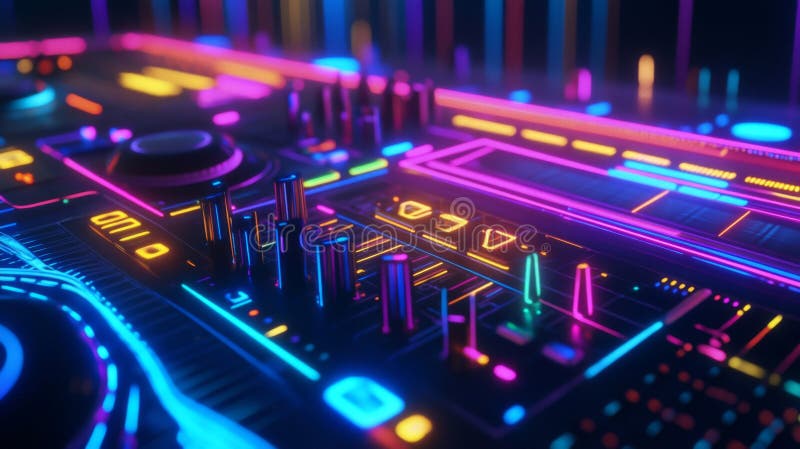 Neon DJ Mixer with Colorful Lights and Vibrant Abstract Design Stock ...