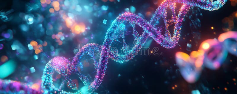 Neon DNA Strands Twisting through a Black Space, with Vibrant Molecular ...