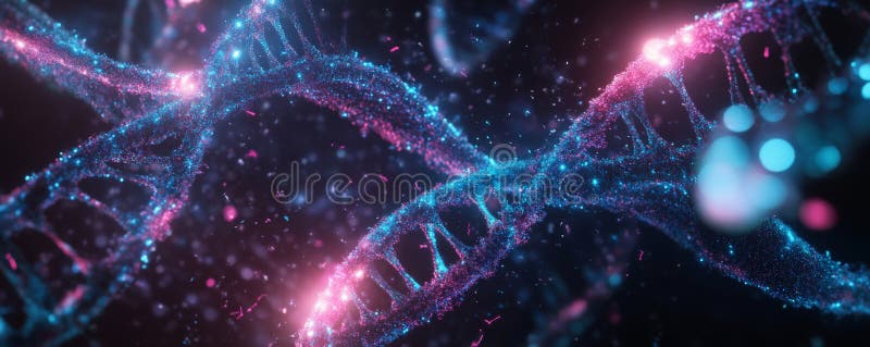 Neon DNA Strands Twisting through a Black Space, with Vibrant Molecular ...