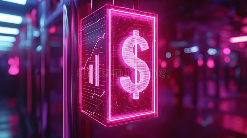Neon Dollar Sign and Chart in Futuristic Server Room Stock Illustration ...