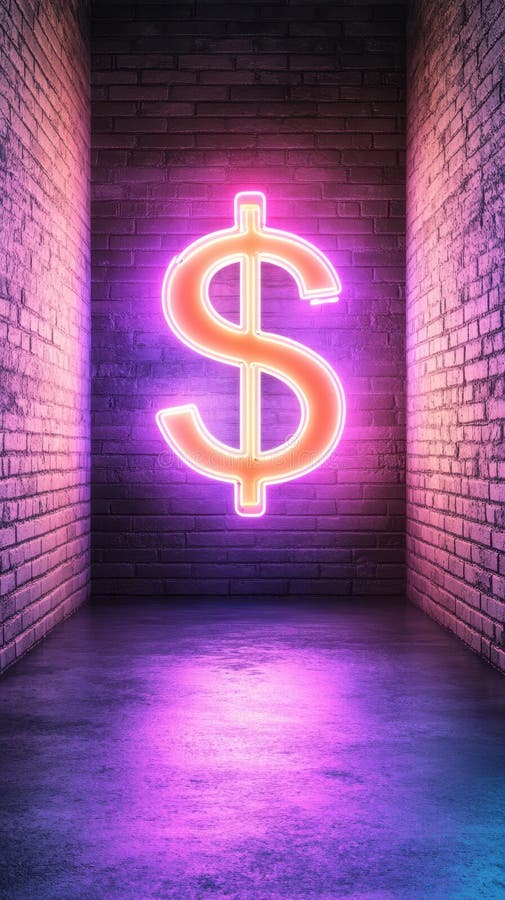 Neon Dollar Sign Glowing Brightly in Dark, Brick Walled Space Stock ...