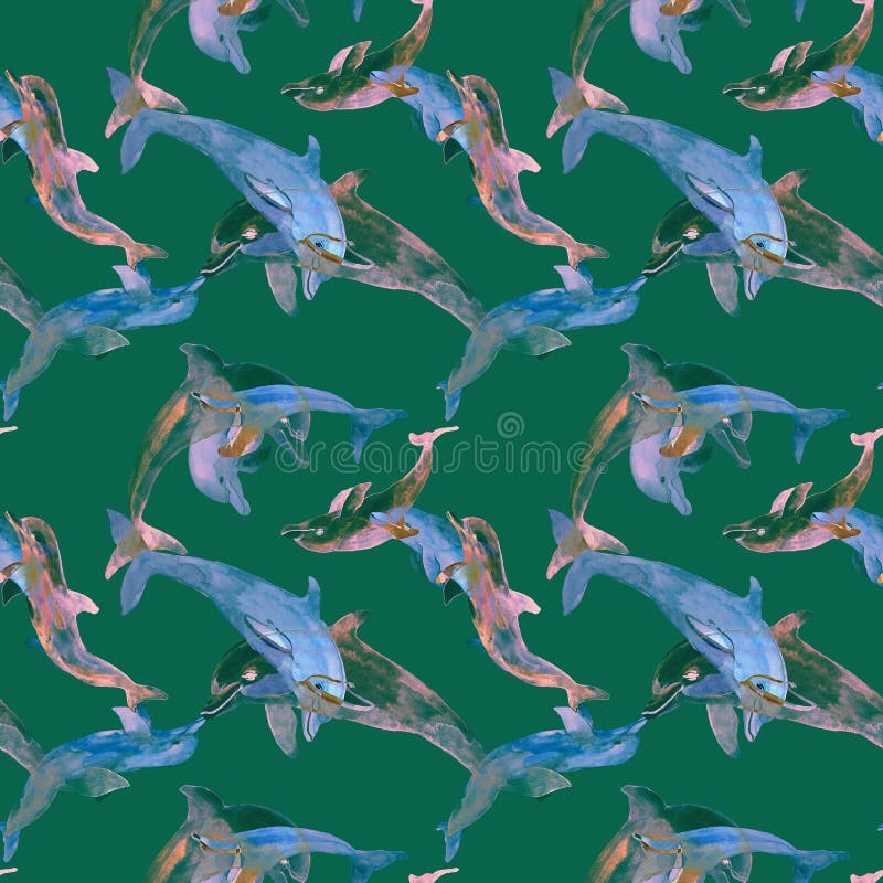 Neon Dolphins in Seamless Pattern. Silhouette of Ocean Animals in ...