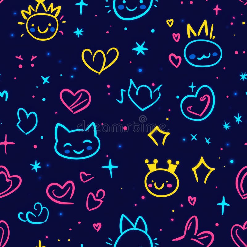 Neon Doodle Pattern Featuring Happy Faces and Hearts on Dark Background ...