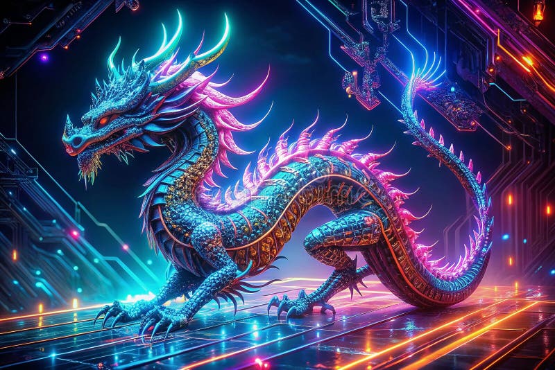 Neon Dragon Stands on Futuristic Platform Stock Illustration ...
