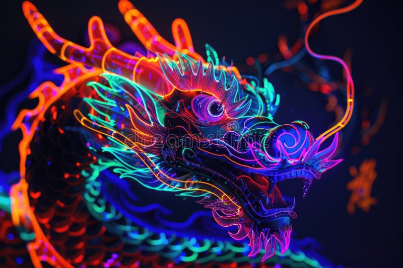 A Neon Dragon Statue Lit Up in a Dark Room, Providing a Pop of Color ...