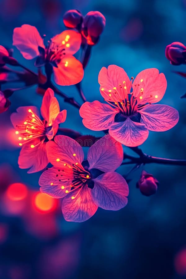Neon Dreams Luminous Cherry Blossoms in Twilight, a Captivating Display ...