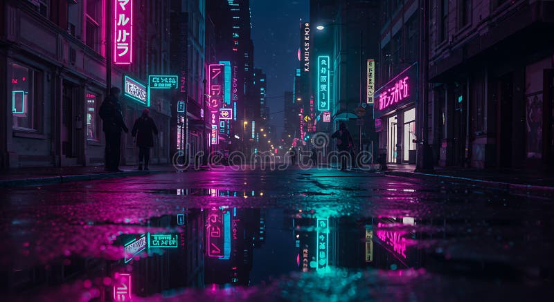 Neon Drenched City Street with Reflections after Rain - Generated Using ...