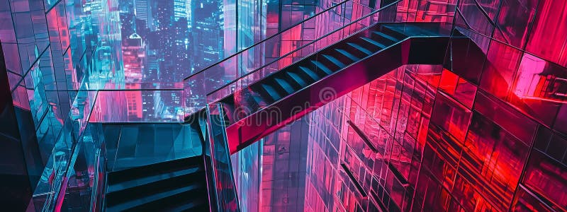 A Neon-drenched Evening Cityscape with Abstract Staircase Stock ...