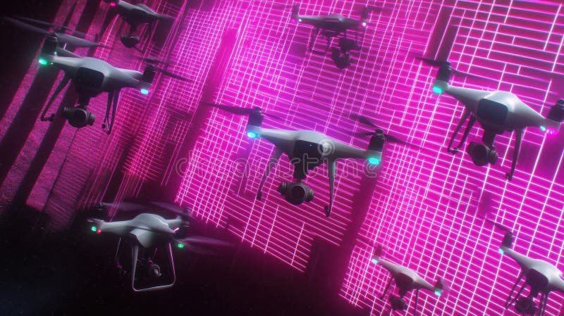 Neon Drones Swarm stock illustration. Illustration of purple - 367673951