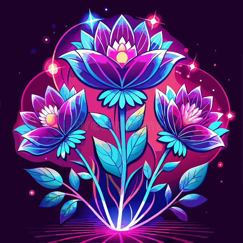 Neon Dynamic Flowers with Glowing Elements on a Deep Red Stock Vector ...