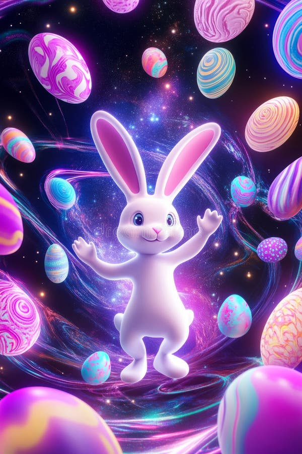 A Neon Easter Bunny Standing in a Cosmic Background, Surrounded by ...