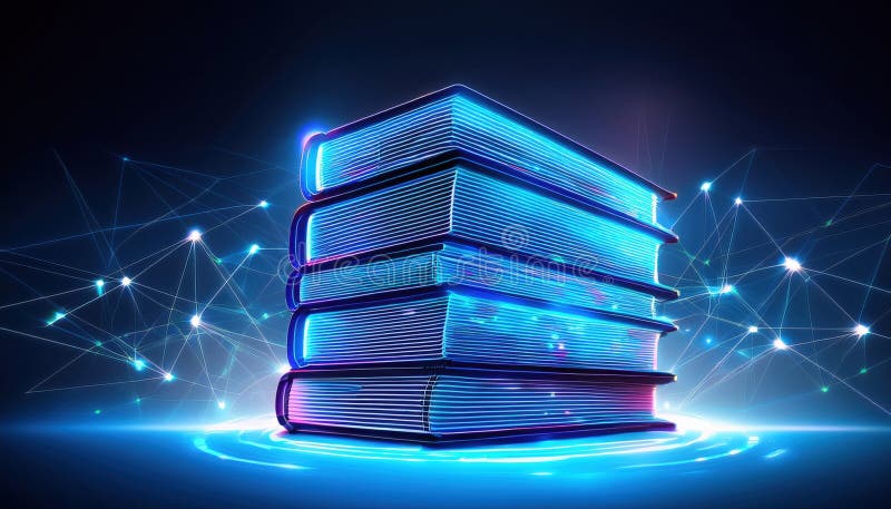 Neon Edged Stack of Digital Books Connected by Data Streams ...