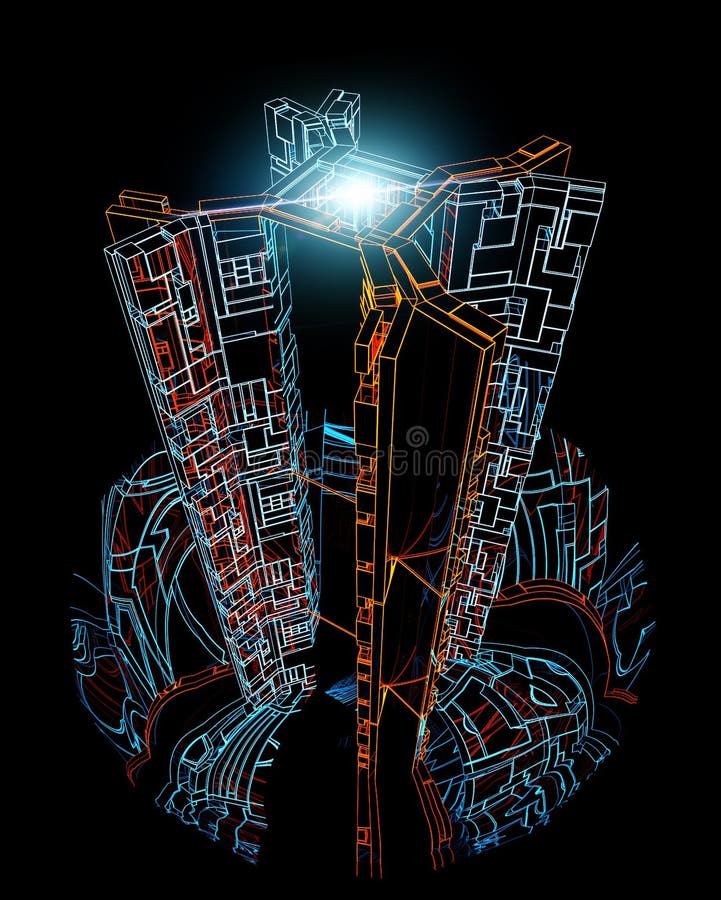 Neon Effect, Lines and Geometric Shapes, Microchips, Circuits. Computer ...