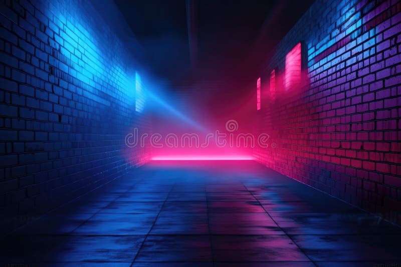 Neon Effects in a Dark Bricks Wall and a Concrete Shiny Floor ...
