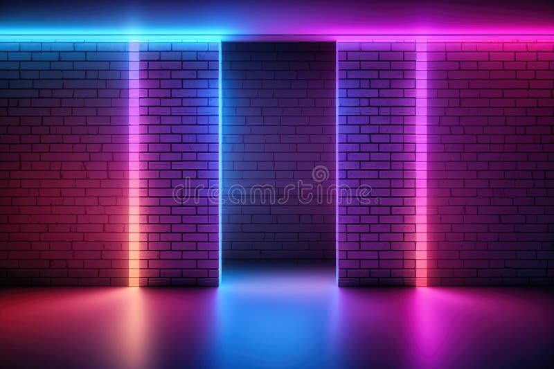 Neon Effects in a Dark Bricks Wall and a Shiny Floor Background ...