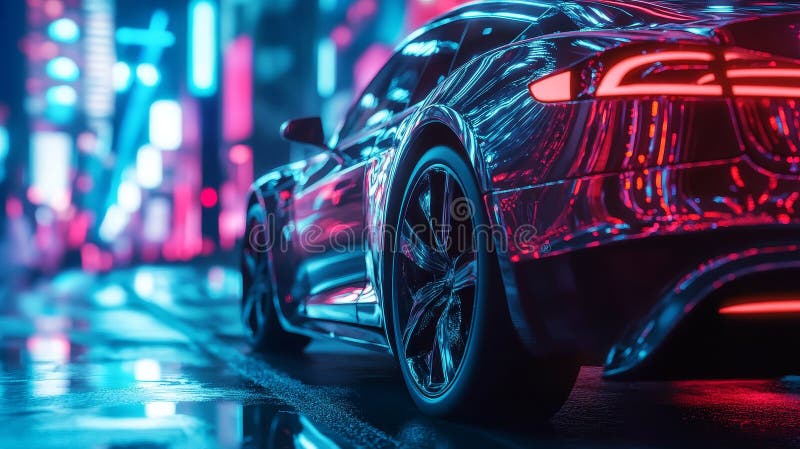 Neon Electric Car in Night City Stock Photo - Image of bright ...