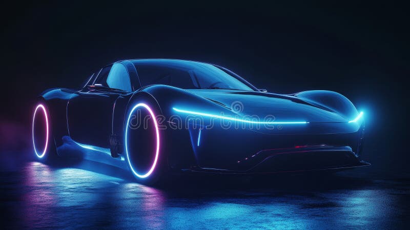 Neon Electric Car in Night City Stock Photo - Image of blue, automotive ...