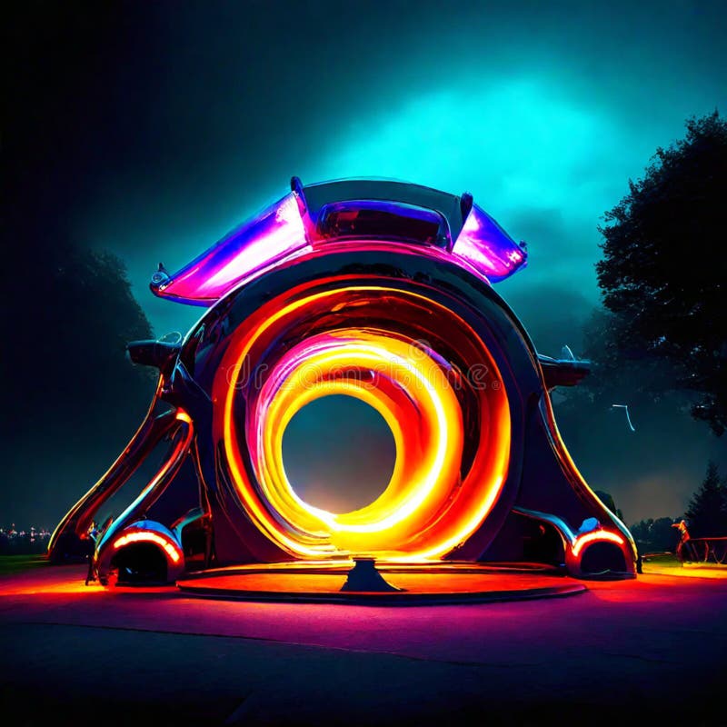 Neon Electric Car at Night. 3d Rendering. Computer Digital Drawing ...