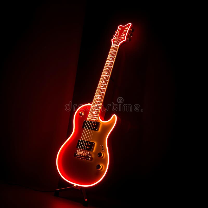 A Neon Electric Guitar Glowing Brightly in a Dark Room Stock ...