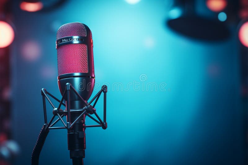 Neon Elegance Studio Microphone Banner Illuminated with Red and Blue ...