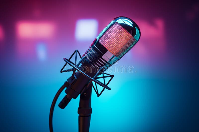 Neon Elegance Studio Microphone Banner Illuminated with Red and Blue ...