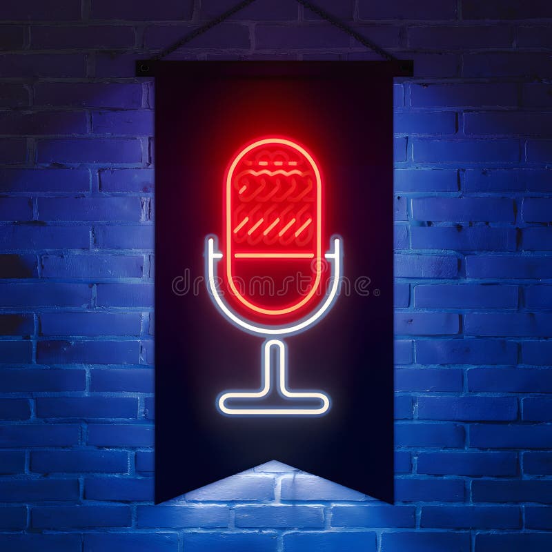 Neon Elegance Studio Microphone Banner Illuminated with Red and Blue ...