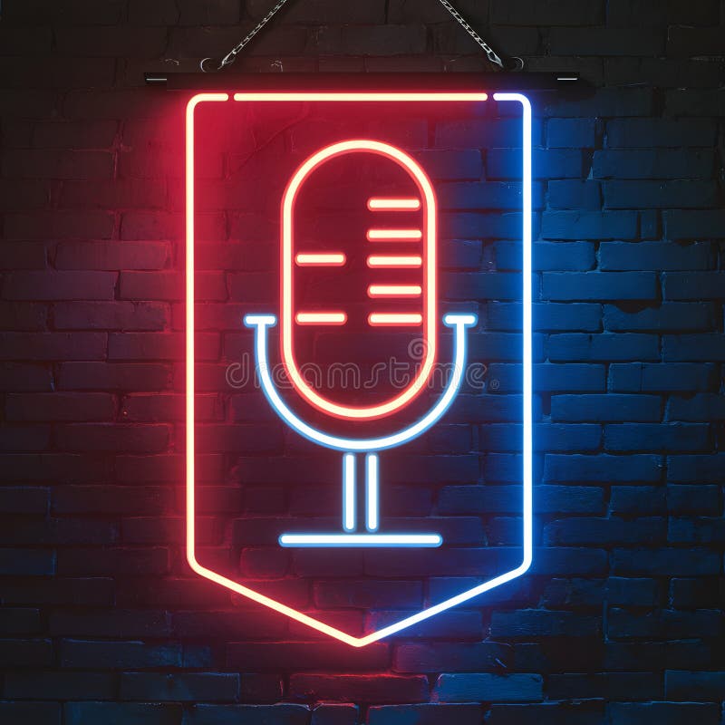 Neon Elegance Studio Microphone Banner Illuminated with Red and Blue ...