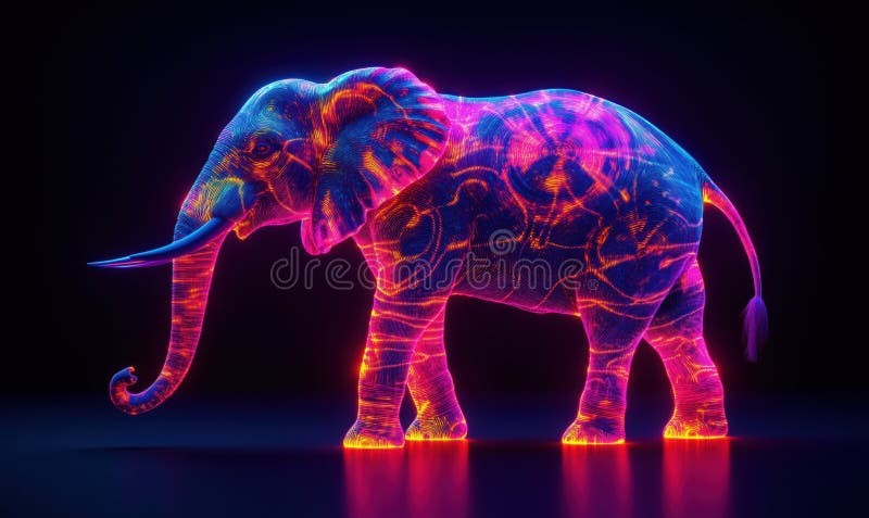 Neon Elephant Sculpture with Vibrant Colors and Glowing Patterns Stock ...