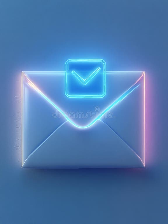 Neon Email Icon with Envelope and Checkmark on Blue Background. Stock ...