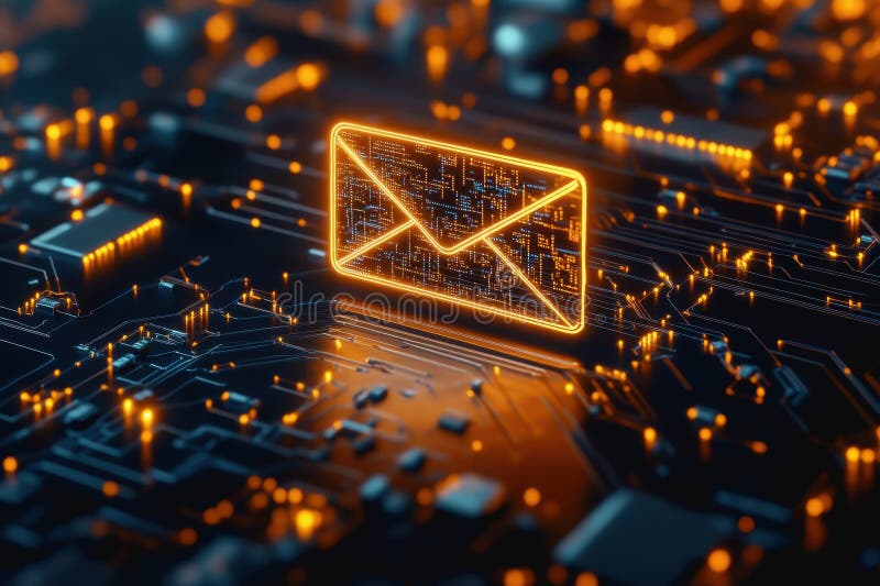 Neon Email Icon Floating Above Intricate Circuits, Representing Digital ...