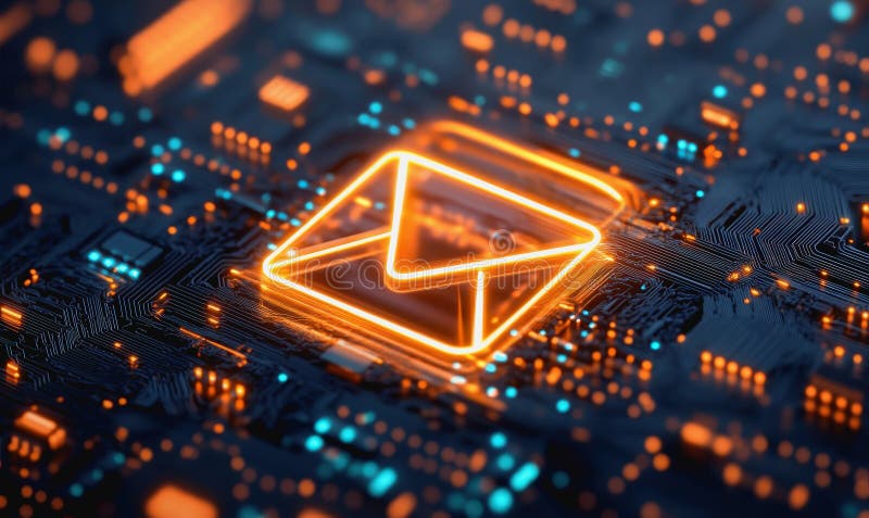 Neon Email Icon Floating Above Intricate Circuits, Representing Digital ...