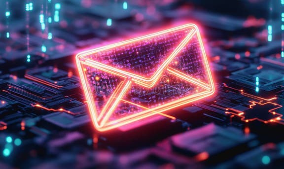 Neon Email Icon Floating Above Intricate Circuits, Representing Digital ...