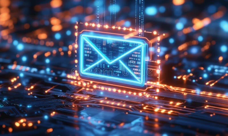 Neon Email Icon Floating Above Intricate Circuits, Representing Digital ...