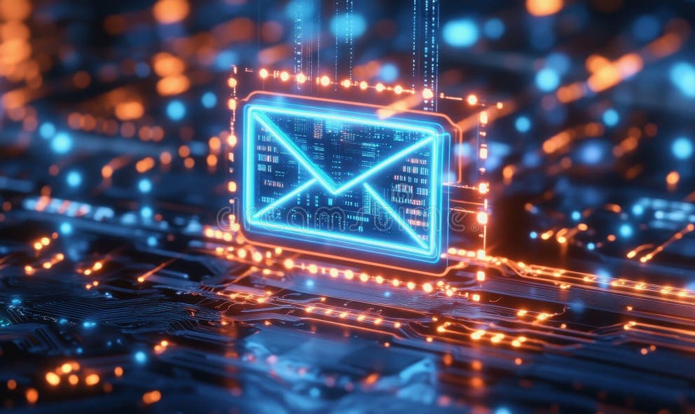 Neon Email Icon Floating Above Intricate Circuits, Representing Digital ...