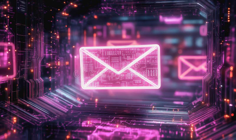Neon Email Icon Floating Above Intricate Circuits, Representing Digital ...