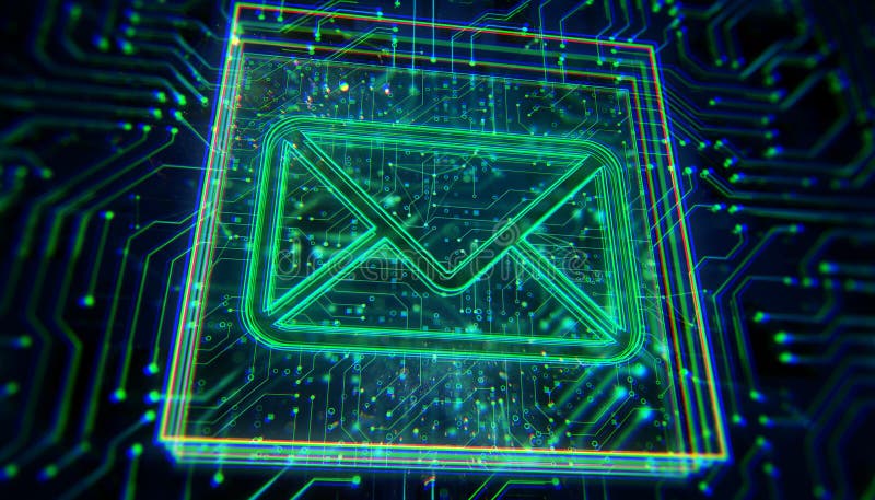 Neon Email Icon with Glowing Circuit Texture on Digital Backdrop. 3D ...