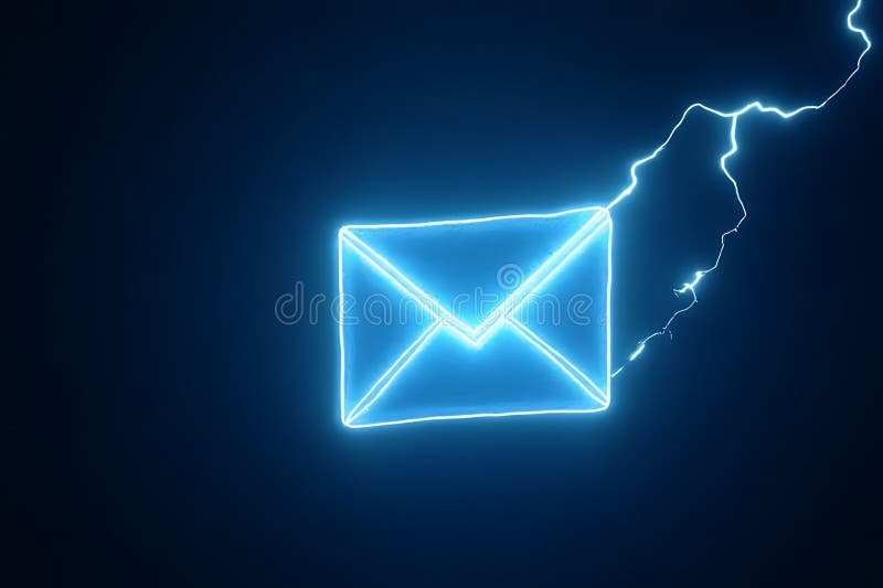 A Neon Email Icon Glows with Lightning Against a Dark Blue Background ...