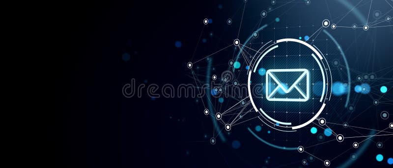 Neon Email Icon with Network Connections on Dark Digital Background. 3D ...