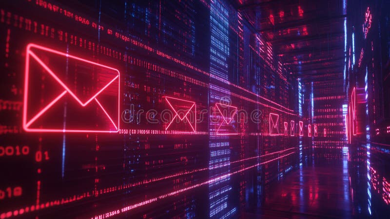 Neon Email Symbols in Digital Corridor Stock Illustration ...